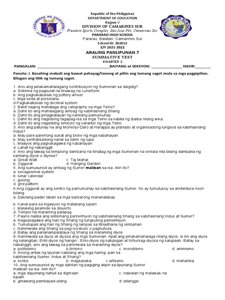 Quarter 2 - Summative Test Ap7 | PDF