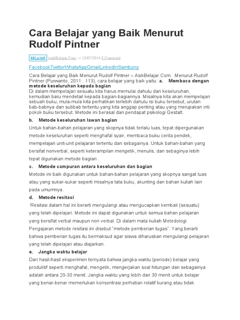 Metode Belajar Menurut Rudolf Pintner | PDF