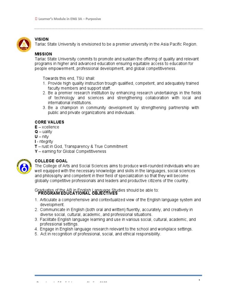 Vision Mission: Learner's Module in ENG 3A - Purposive Communication ...