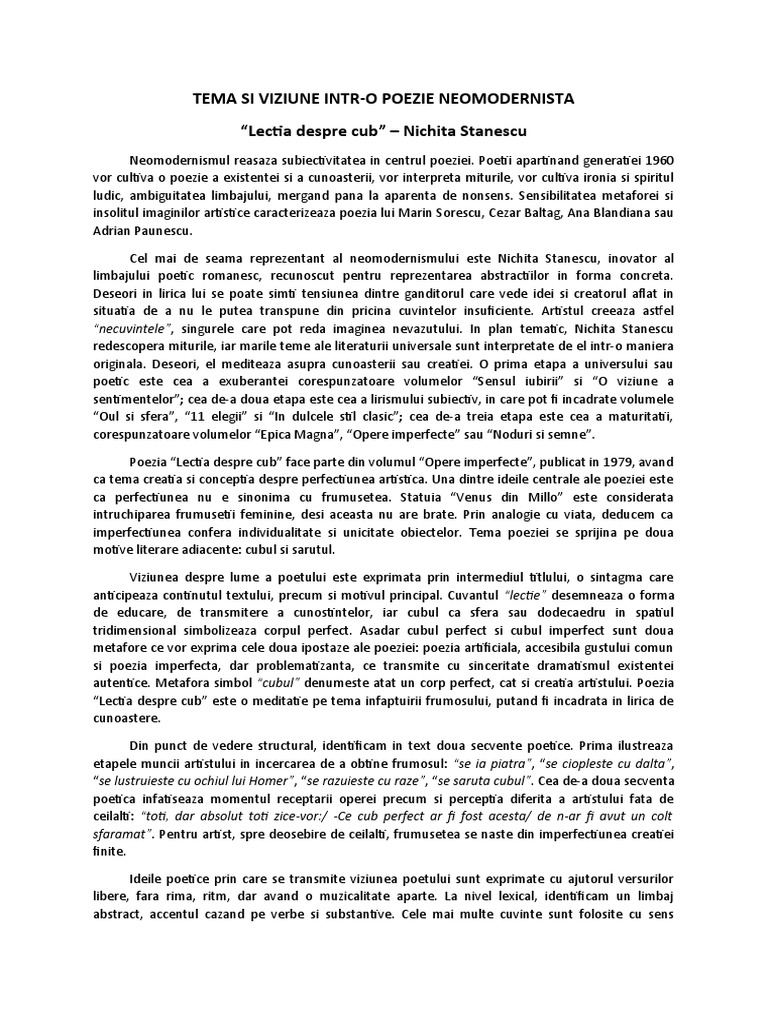 Nichita Stanescu - Lectia Despre Cub | PDF