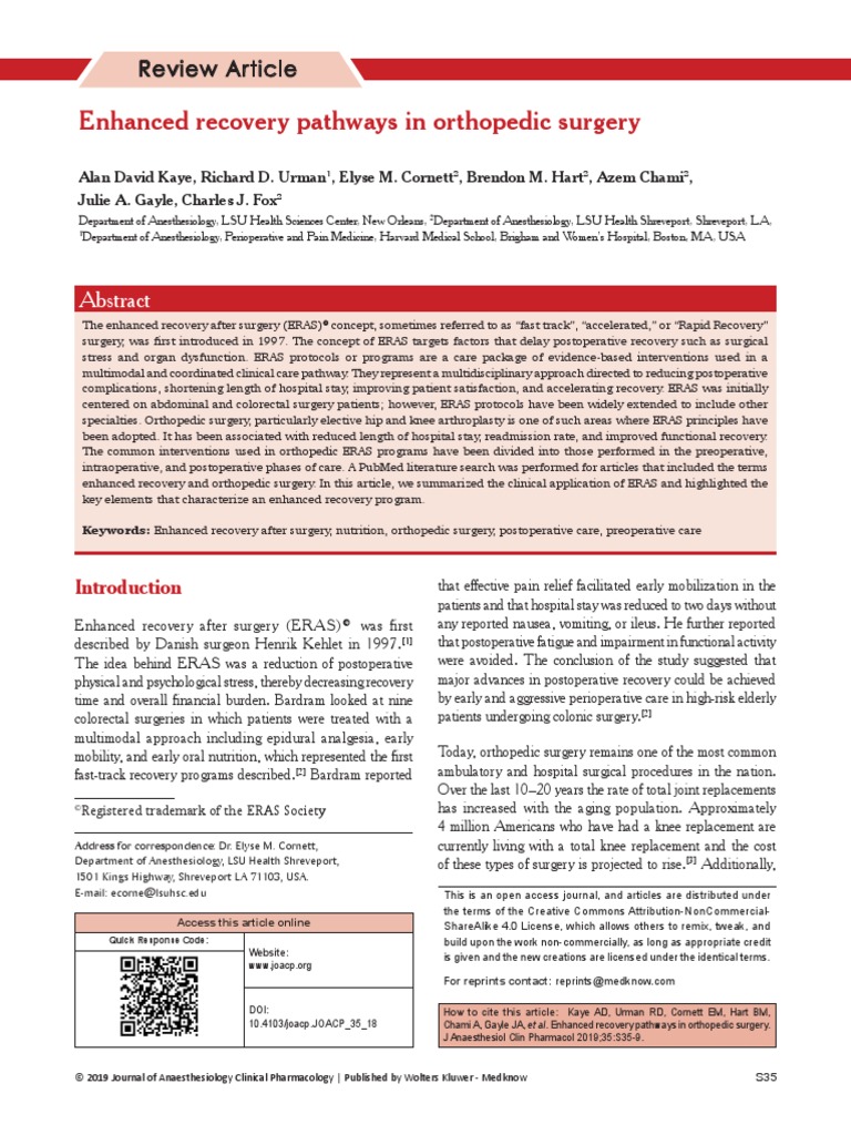 Enhanced Recovery Pathways in Orthopedic Surgery: Review Article | PDF ...