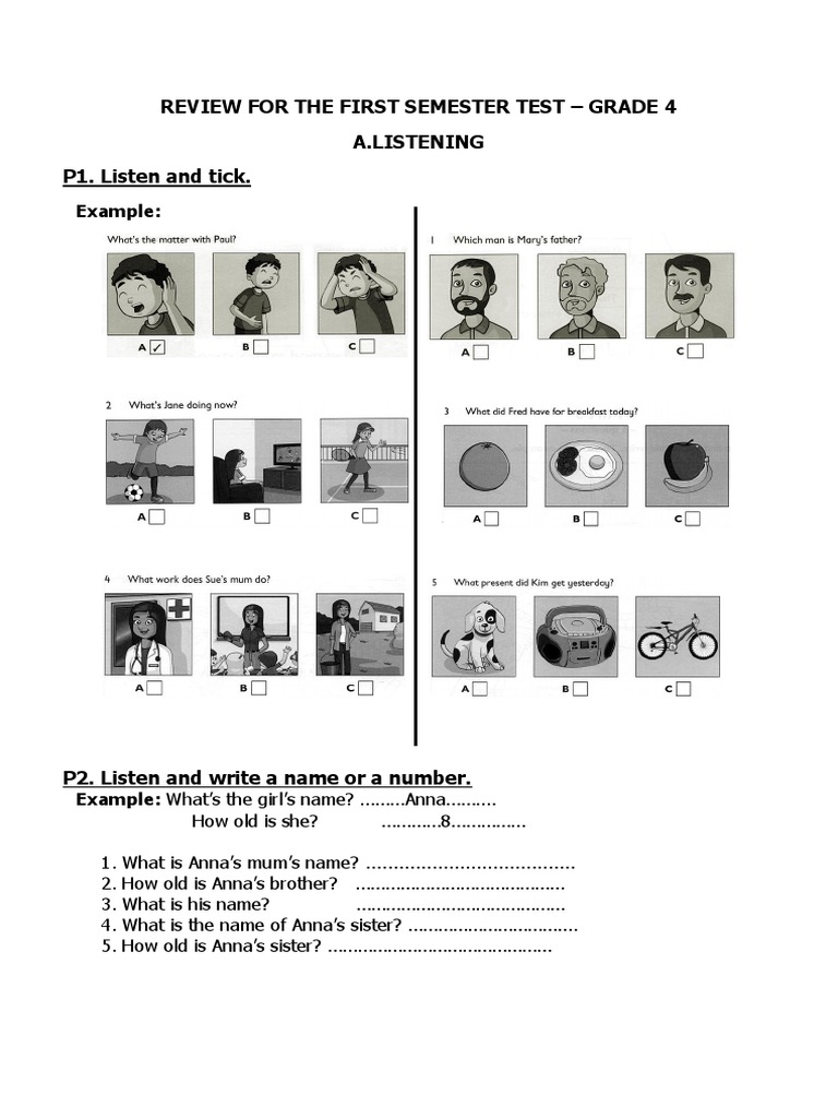 Review For The First Semester Test - Grade 4 A.Listening P1. Listen and ...