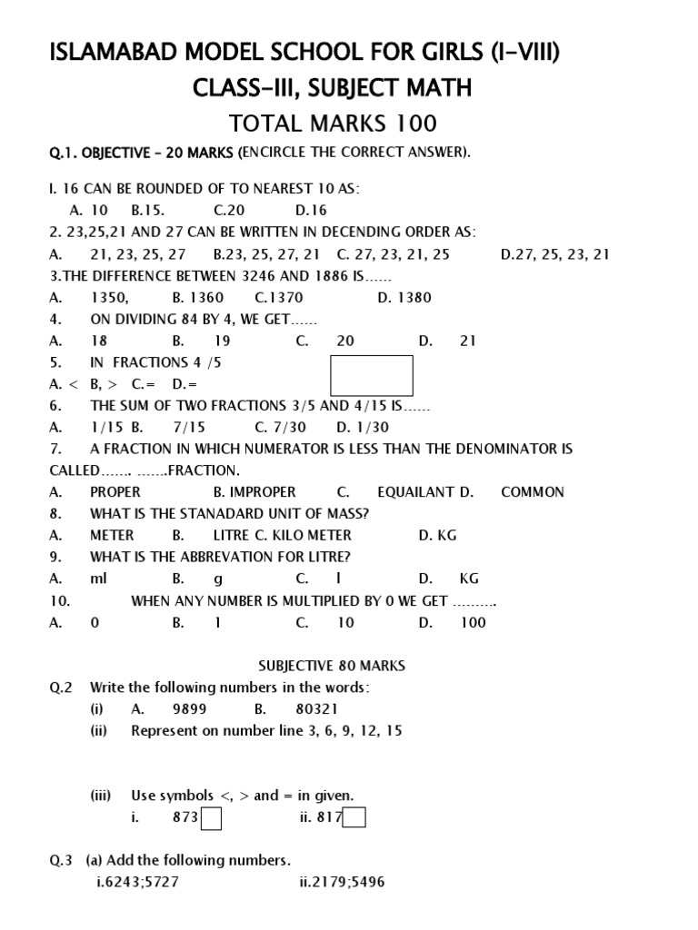 Islamabad Model School For Girls (I-Viii) Class-Iii, Subject Math Total Marks 100 | PDF ...