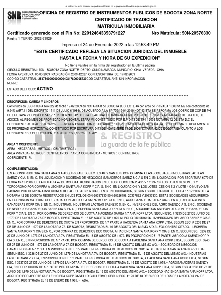 Historia de propiedad y detalles del lote 46 en el conjunto residencial ...
