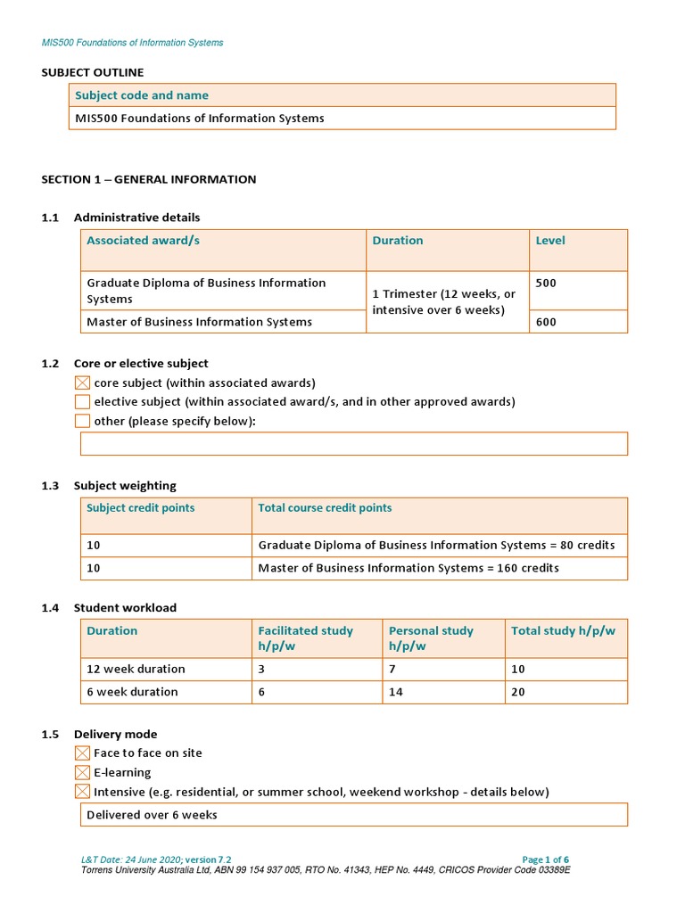 MIS500 Foundations of Information Systems Subject Outline | PDF | Information | Information System