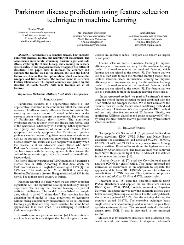 Parkinson Disease Prediction Using Feature Selection Technique in ...