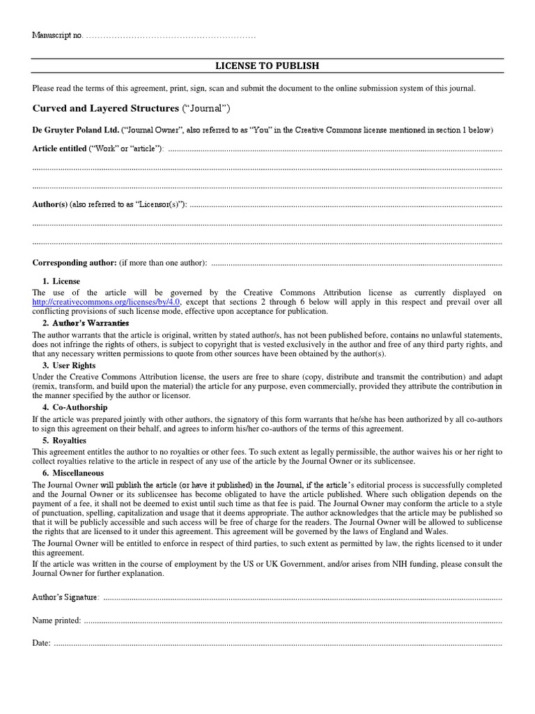 CLS - Open Access License To Publish | PDF | License | Creative Commons License