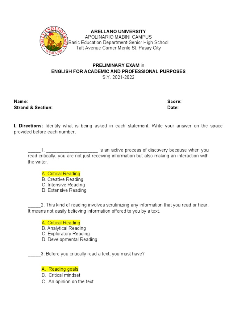PRELIMINARY EXAM IN EAPP - Finale | PDF | Essays | Jargon