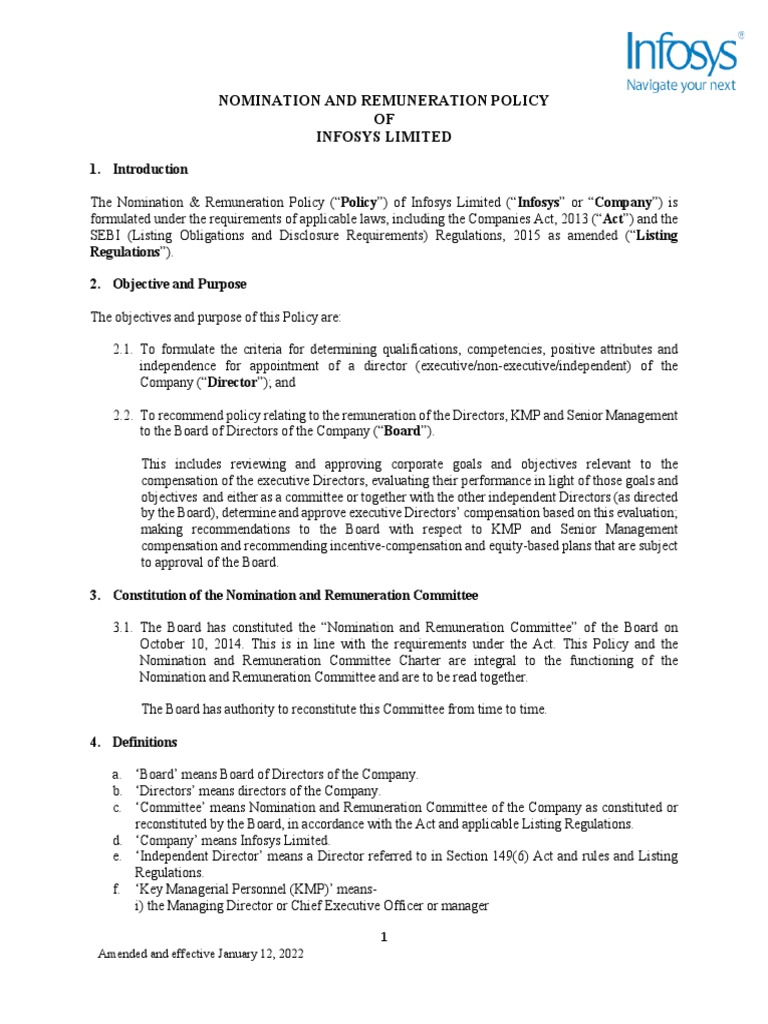 Nomination and Remuneration Policy OF Infosys Limited | PDF | Incentive ...