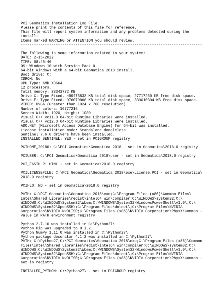 PCI Geomatics Installation Log File Summary | PDF | Windows Registry | 64 Bit Computing