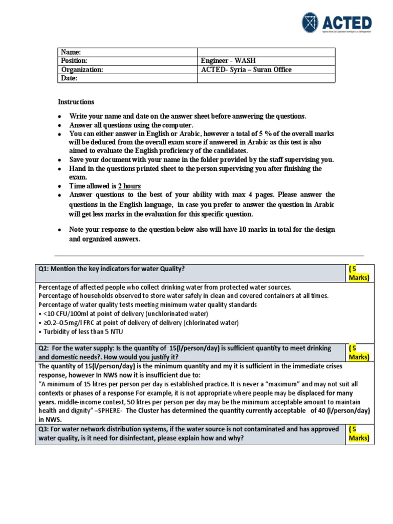 Written Test - WASH Engineer - (With Answer) | PDF