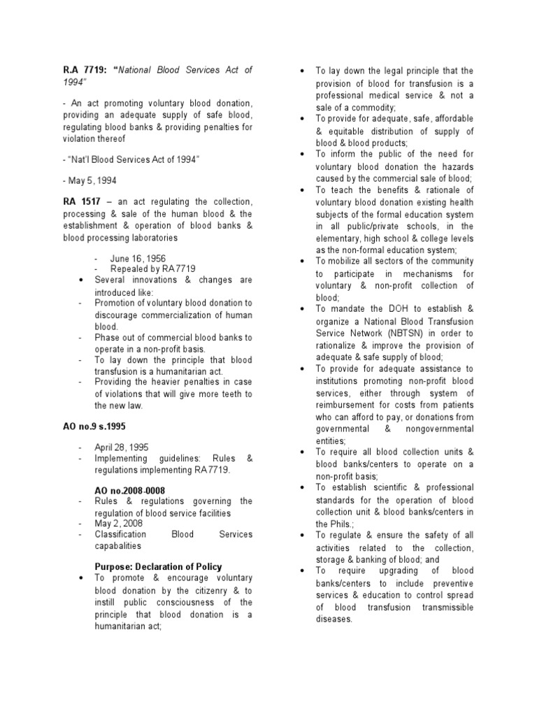 R.A 7719: "National Blood Services Act of | PDF | Blood Donation ...