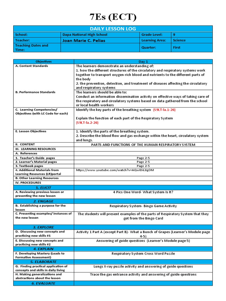 7es (ECT) : Daily Lesson Log | PDF | Circulatory System | Learning