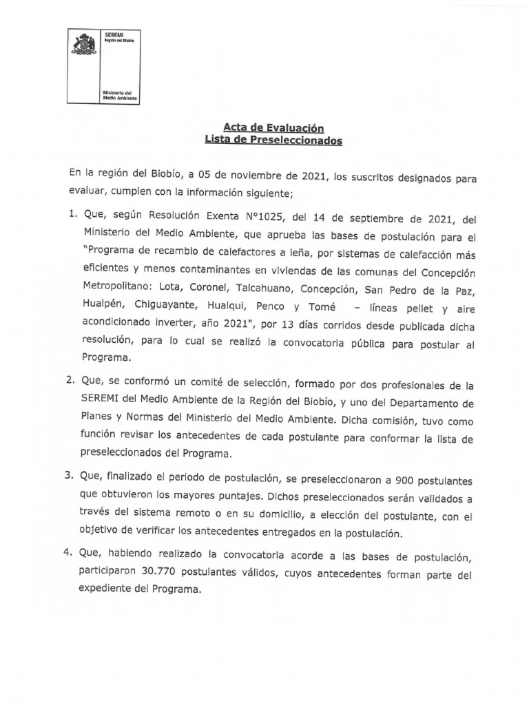 1° Acta - Preseleccionados PRC 2021 - Concepción Metropolitano | PDF