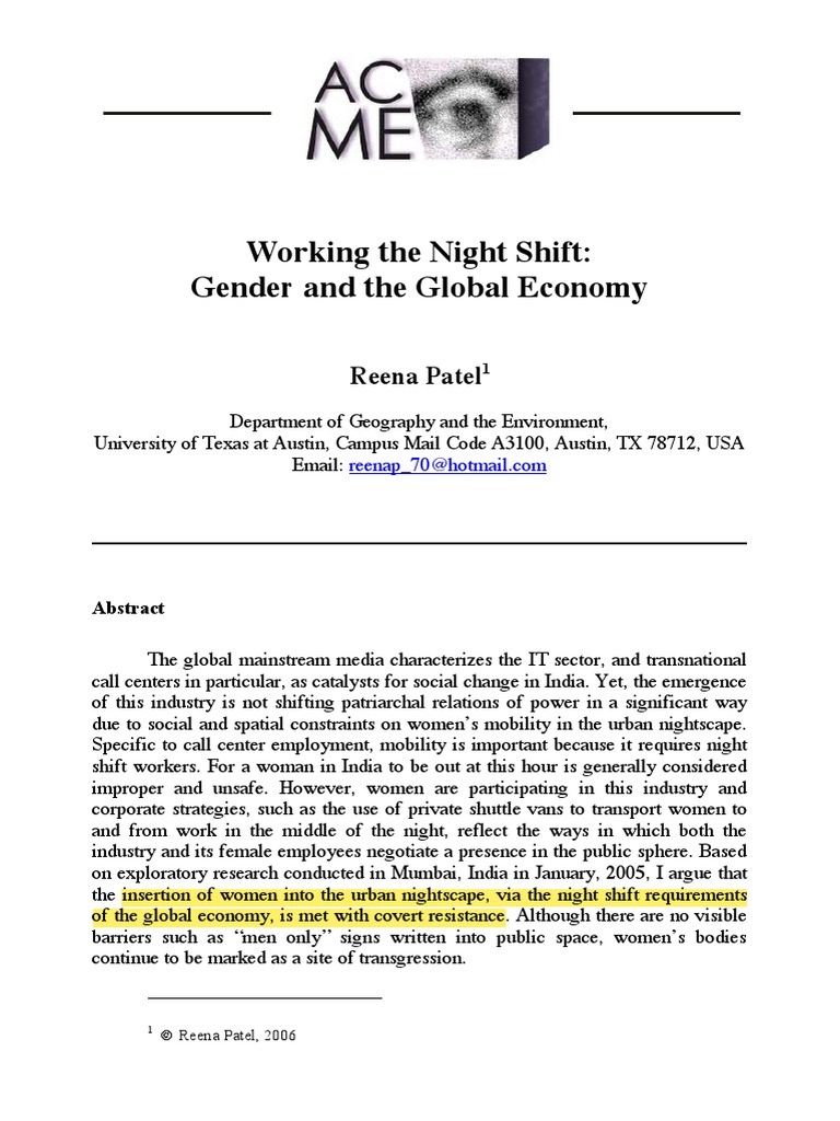 Working The Night Shift: Gender and The Global Economy: Reena Patel | PDF | Offshoring | Employment