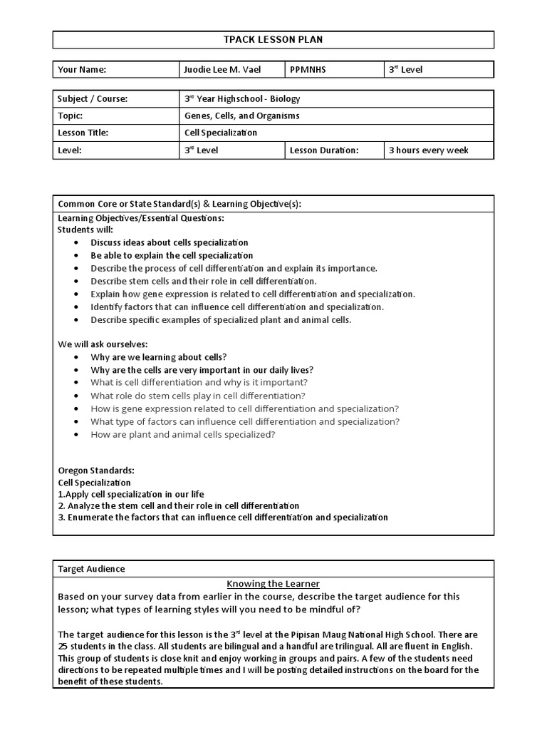 TPACK Lesson Plan | PDF | Cellular Differentiation | Lesson Plan