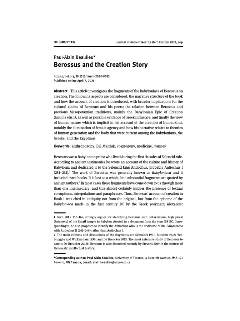 Berossus and The Creation Story Journal | PDF