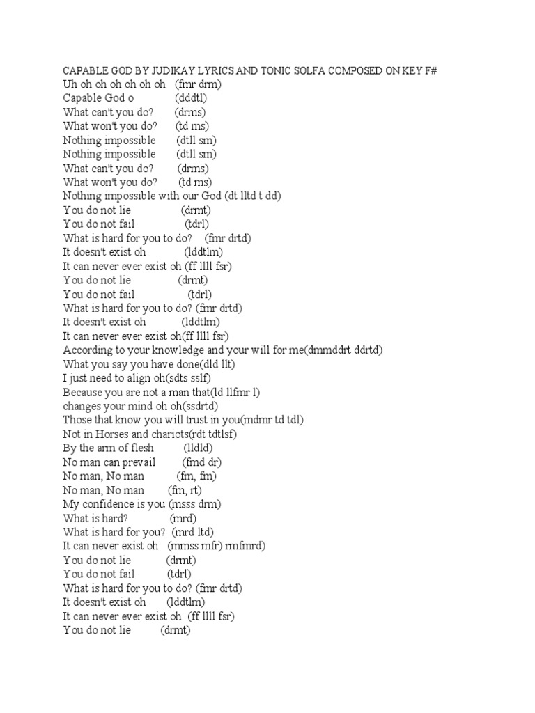Capable God by Judikay Lyrics and Tonic Solfa Composed On Key F | PDF ...
