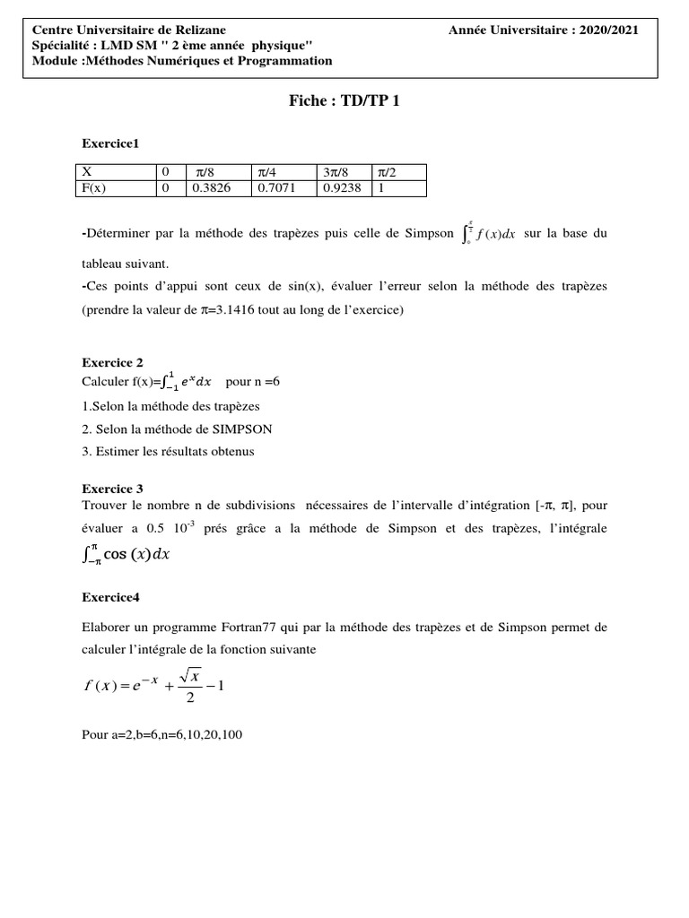 Fiche TD | PDF | Intégral | Analyse numérique