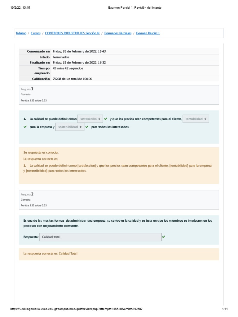 Revisión de Examen Parcial en Control de Calidad | PDF | Calidad ...