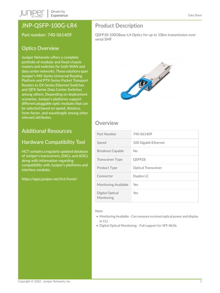 JNP-QSFP-100G-LR4 | PDF | Computer Networking | Telecommunications Standards