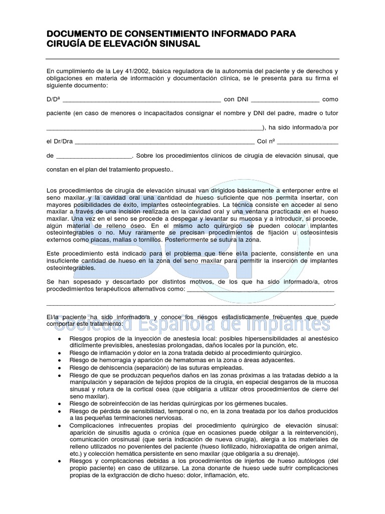 Consentimiento Elevación de Seno SEI | PDF