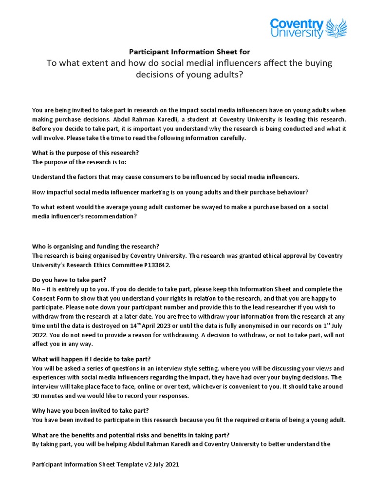 Participant Information Sheet Research Template v2 | PDF | Social Media ...