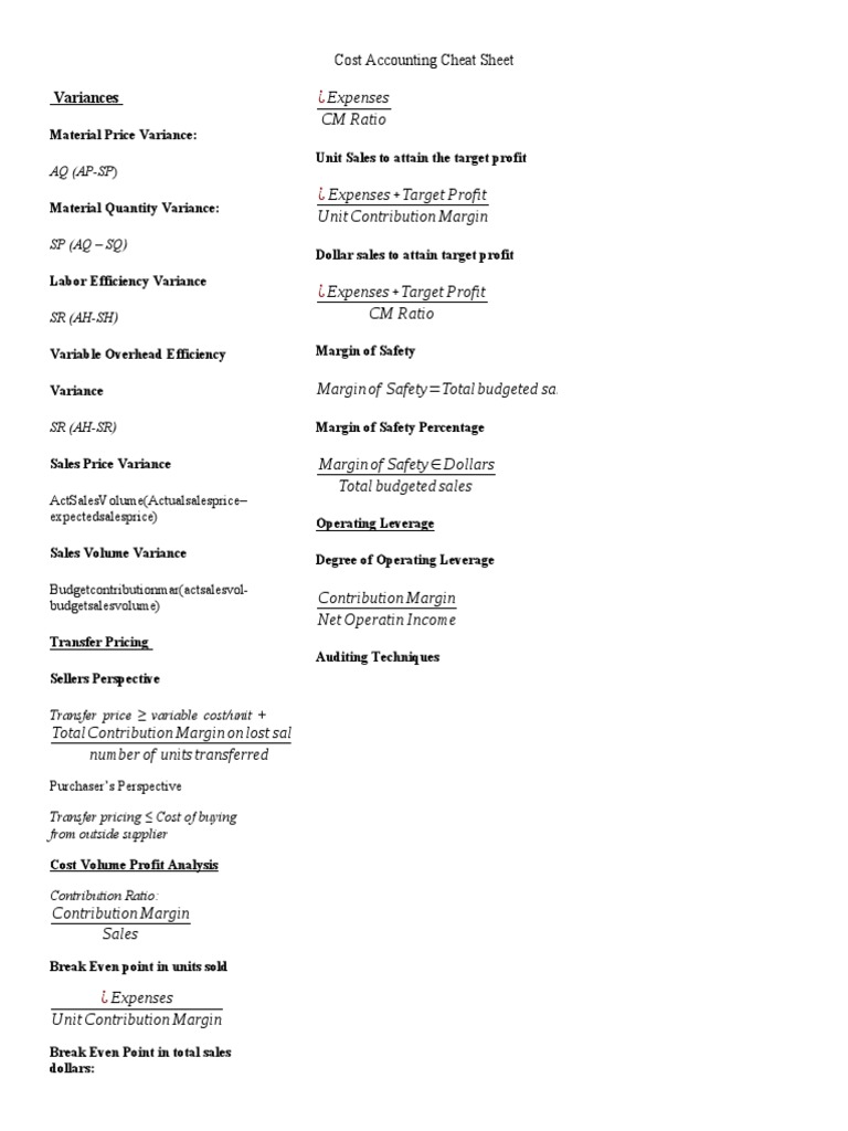 Cost Accounting Cheat Sheet | PDF