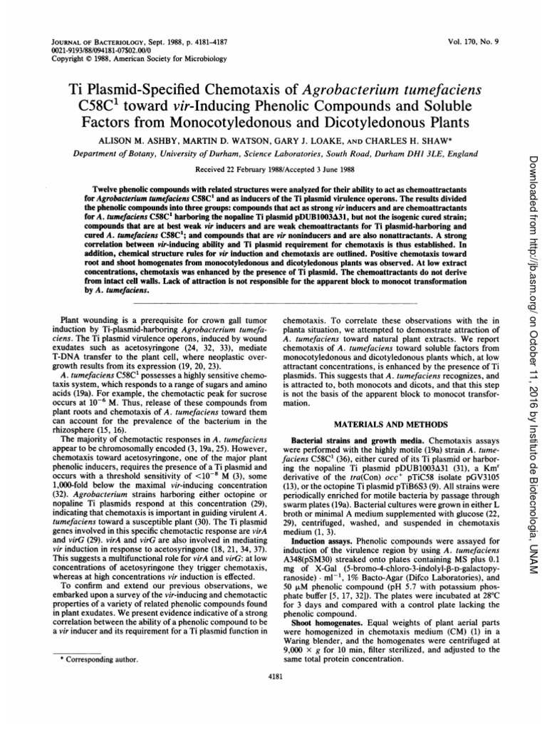 Plasmid-Specified Chemotaxis Agrobacterium C58C1 Vir-Inducing Compounds ...
