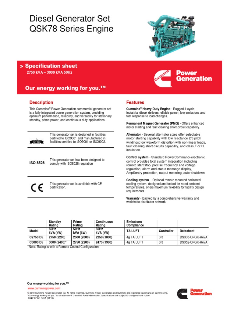Cummins 3000 Kva Qsk78 Series Diesel Generator c3000d5 | PDF | Electric ...