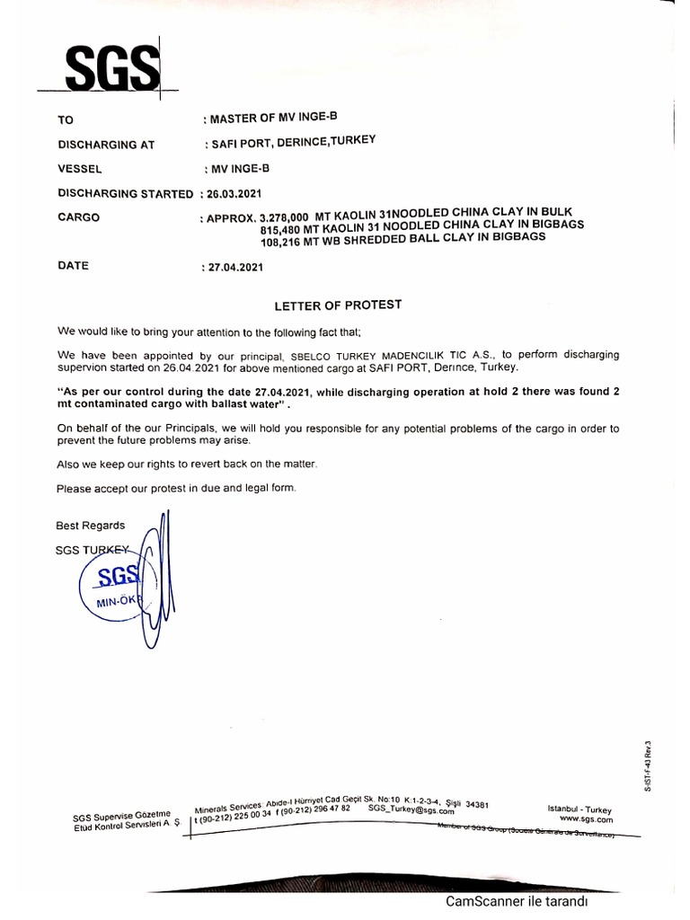 5 - Letter of Protest - Issued by Cargo Receiver's Surveyor On 27 April ...