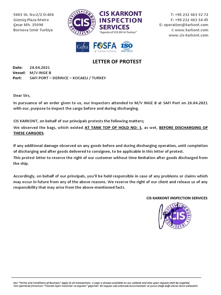 4 - Letter of Protest - Issued by Shipper Surveyor On 28 April 2021 (2 ...