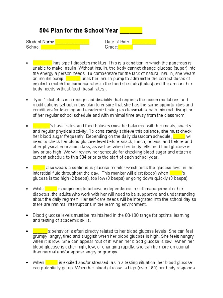 504 Plan for Type 1 Diabetes Management | PDF | Hypoglycemia | Diabetes
