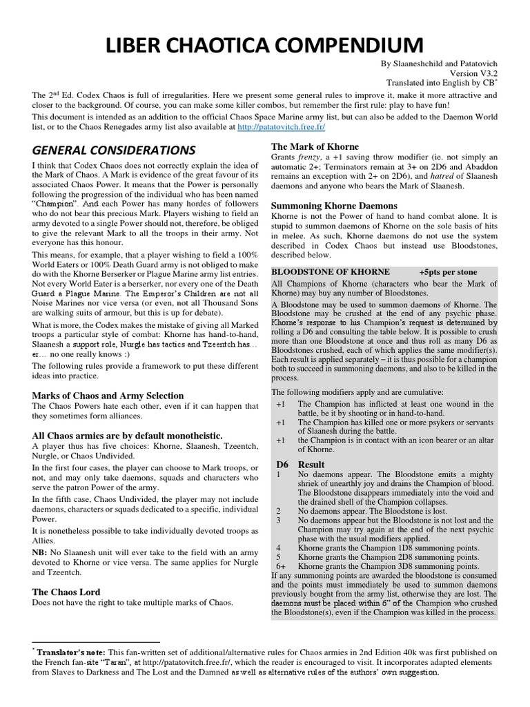 LIBER CHAOTICA - Chaos Expansion For 2e 40k | PDF