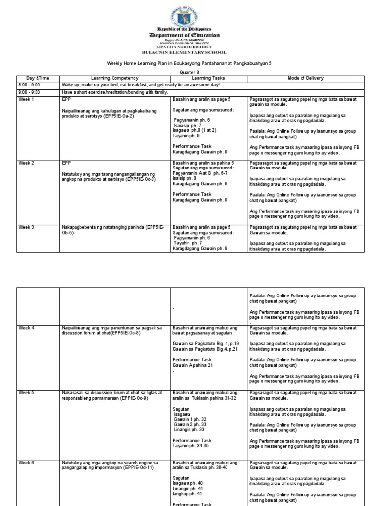 WEEKLY HOME LEARNING PLAN EPP ICT 5 Quarter 3 | PDF