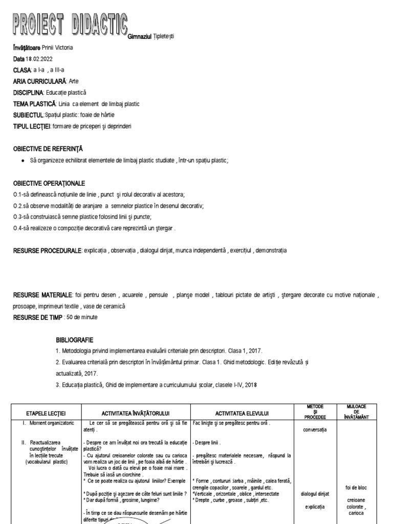 Plan de Lectie Educatie Plastica | PDF