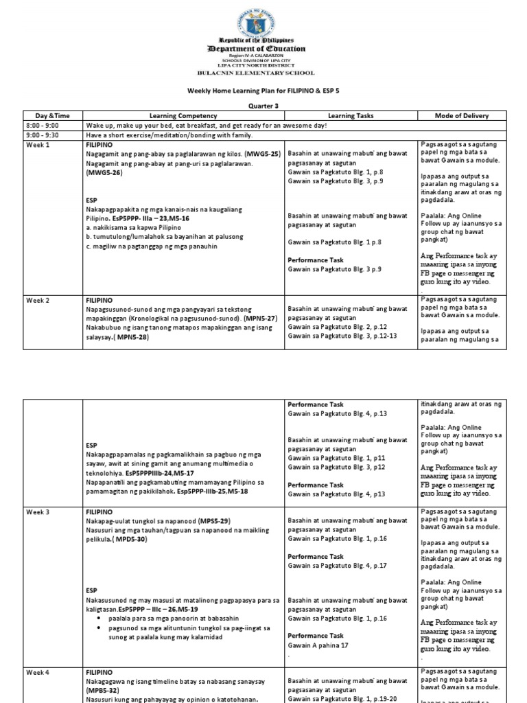 Weekly Home Learning Plan Filipino Esp 5 Quarter 3 | PDF