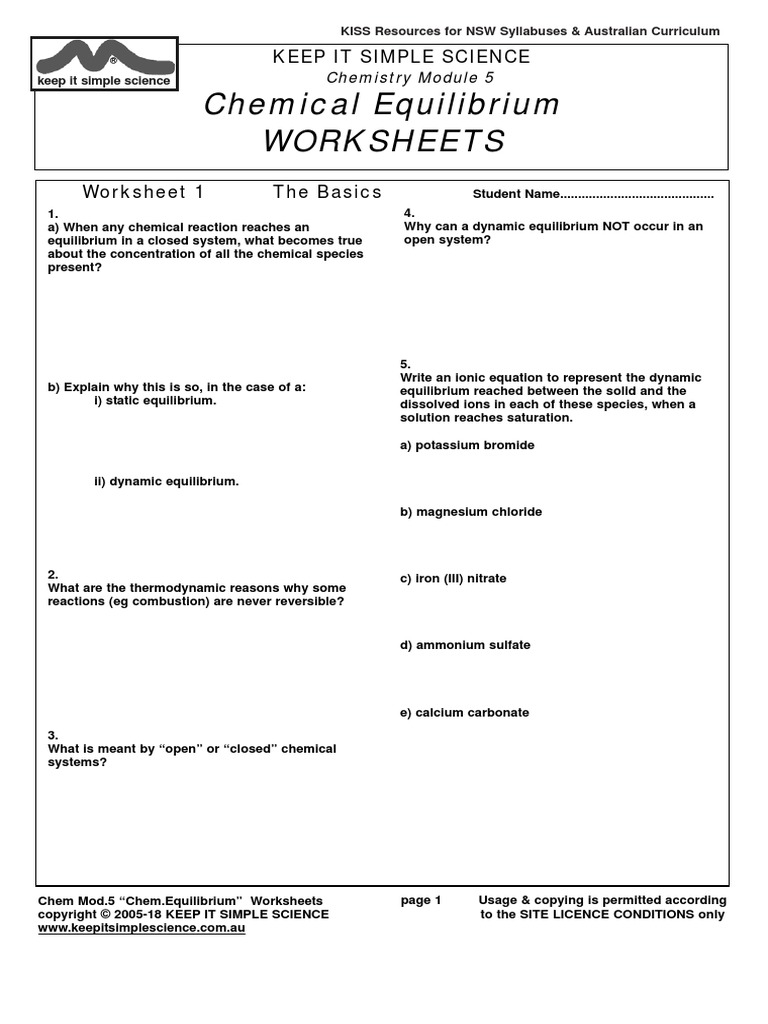 Chemical Equilibrium Worksheets: Keep It Simple Science | PDF ...