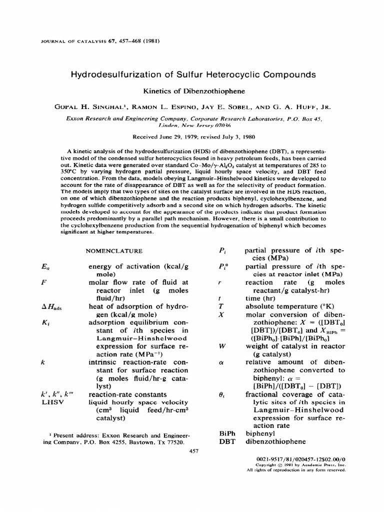 Hydrodesulfurization of Sulfur Heterocyclic Compounds | PDF
