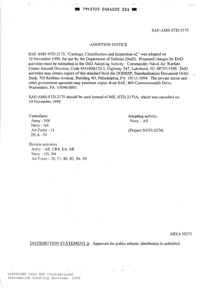 Sae Ams STD-2175 - 1998 | PDF