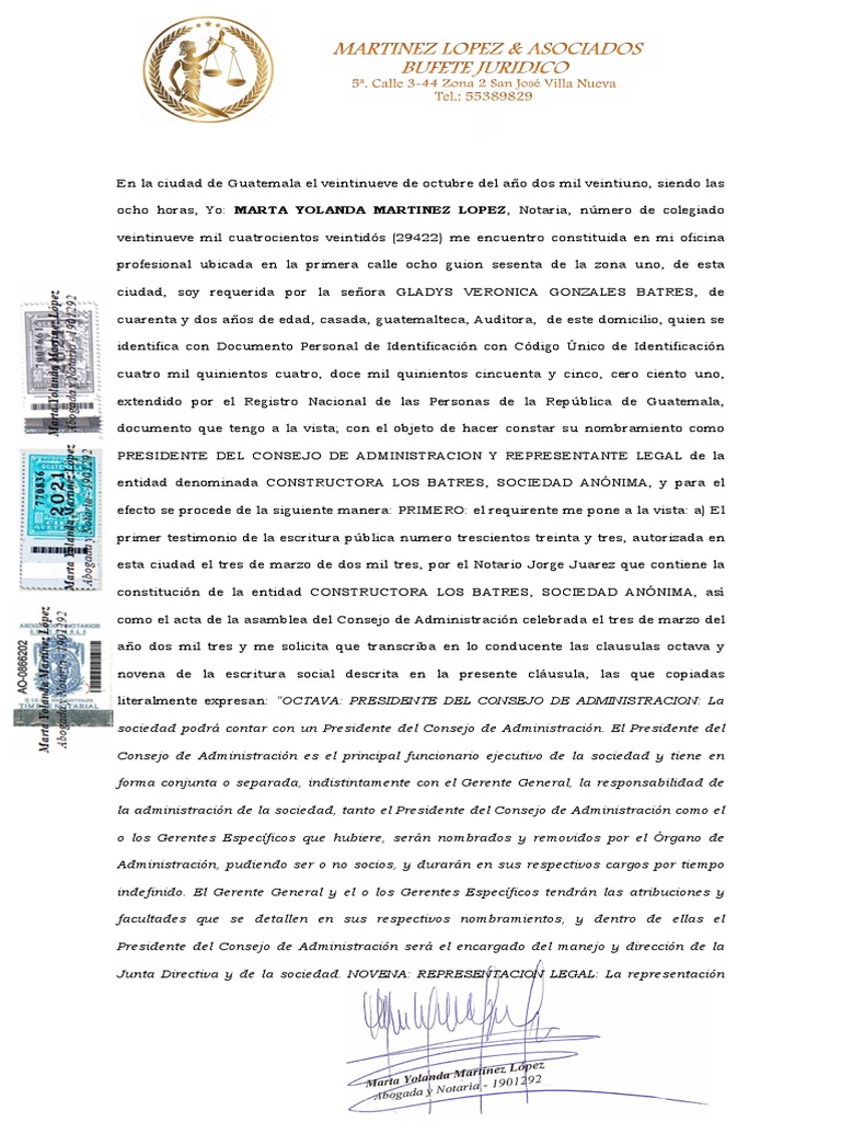 Acta Notarial de Representación Legal | PDF