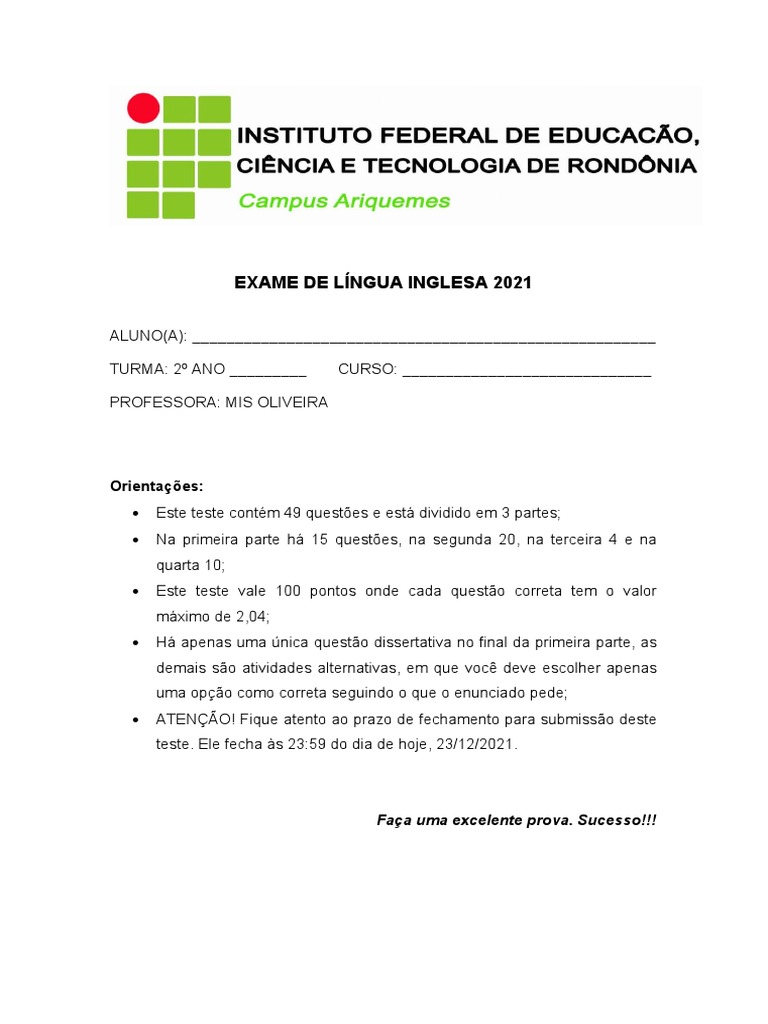 Exame de Língua Inglesa 2021: Orientações | PDF | Linguistics | Grammar