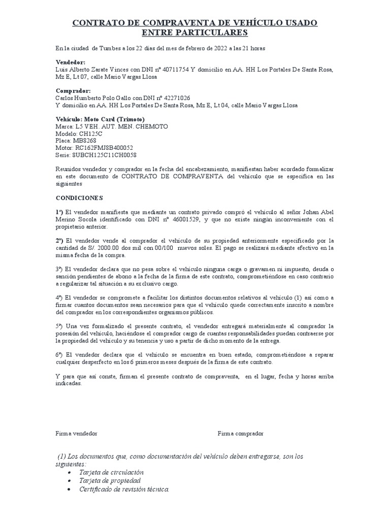 Contrato de Compraventa de Vehículo Usado Entre Particulares | PDF