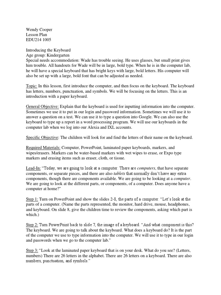 Lesson Plan Introducing The Keyboard | PDF | Computer Keyboard | Text