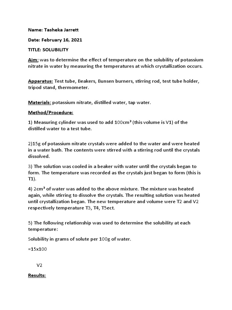 Solubility Lab | PDF | Solubility | Chemical Substances