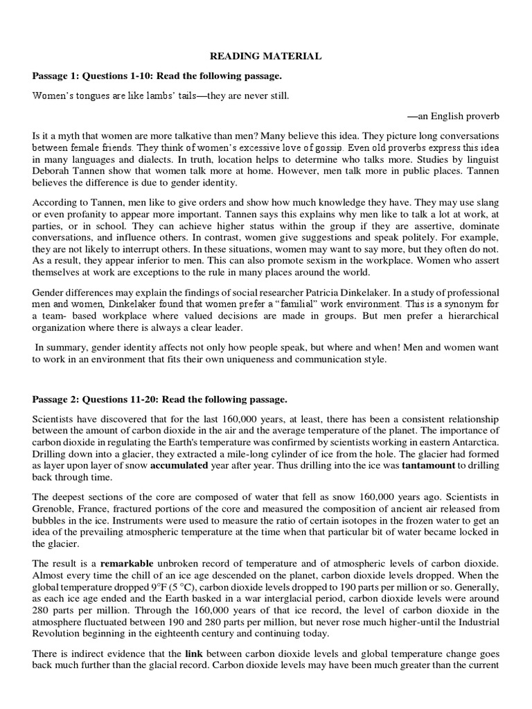 Reading Material Passage 1: Questions 1-10: Read The Following Passage ...