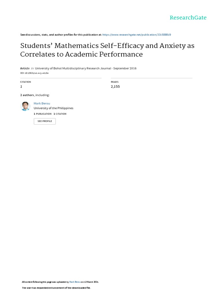 Math Self-Efficacy and Anxiety Impact | PDF | Self Efficacy ...