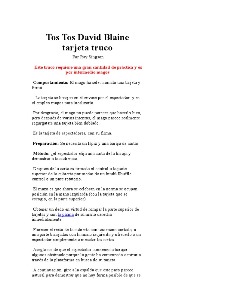 Tos Tos David Blaine Tarjeta Truco | PDF | Mano | Nitrato