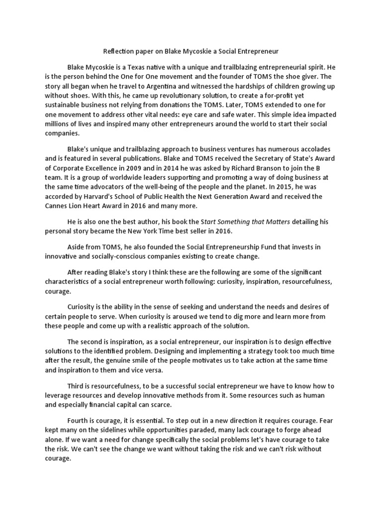 Reflection paper-WPS Office | PDF | Entrepreneurship | Social Entrepreneurship