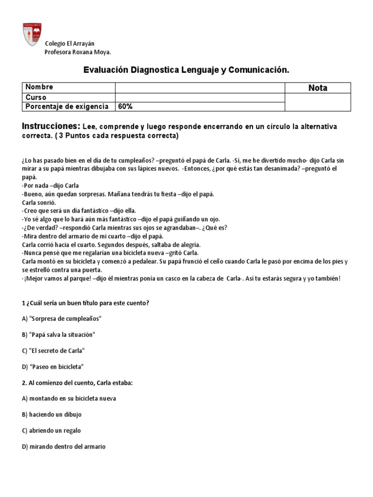 Evaluacion Diagnostica Lenguaje y Comunicacion Tercero Basico | PDF